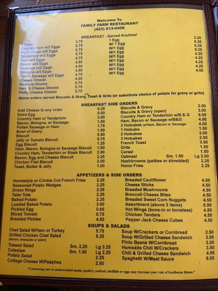 Menu at Family Farm restaurant, Newport, TN-9