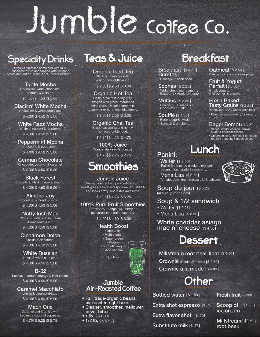 Menu at Jumble Coffee Co. Asbury pub & bar, Asbury, Asbury Rd
