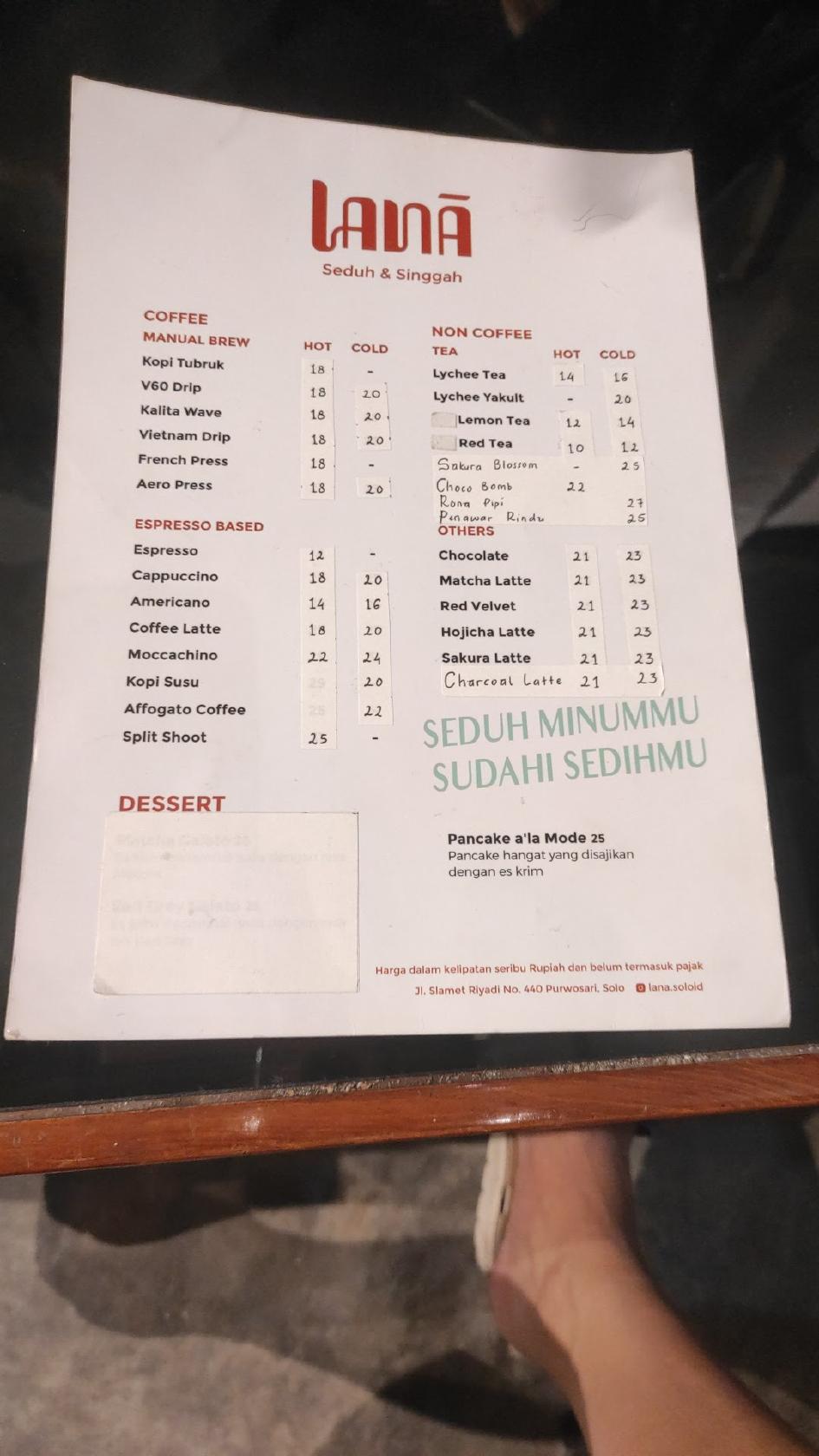 Carta del café Lana Seduh dan Singgah, Surakarta
