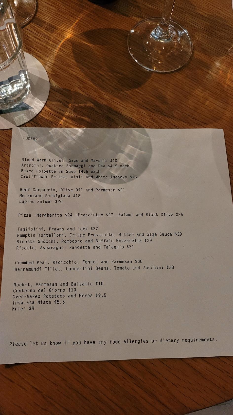 Menu at Lupino restaurant, Melbourne