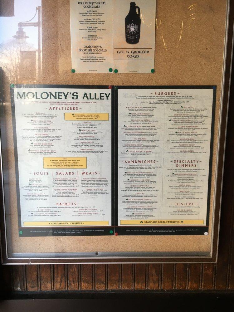 Menu at Moloney's Alley pub & bar, Sault Ste. Marie
