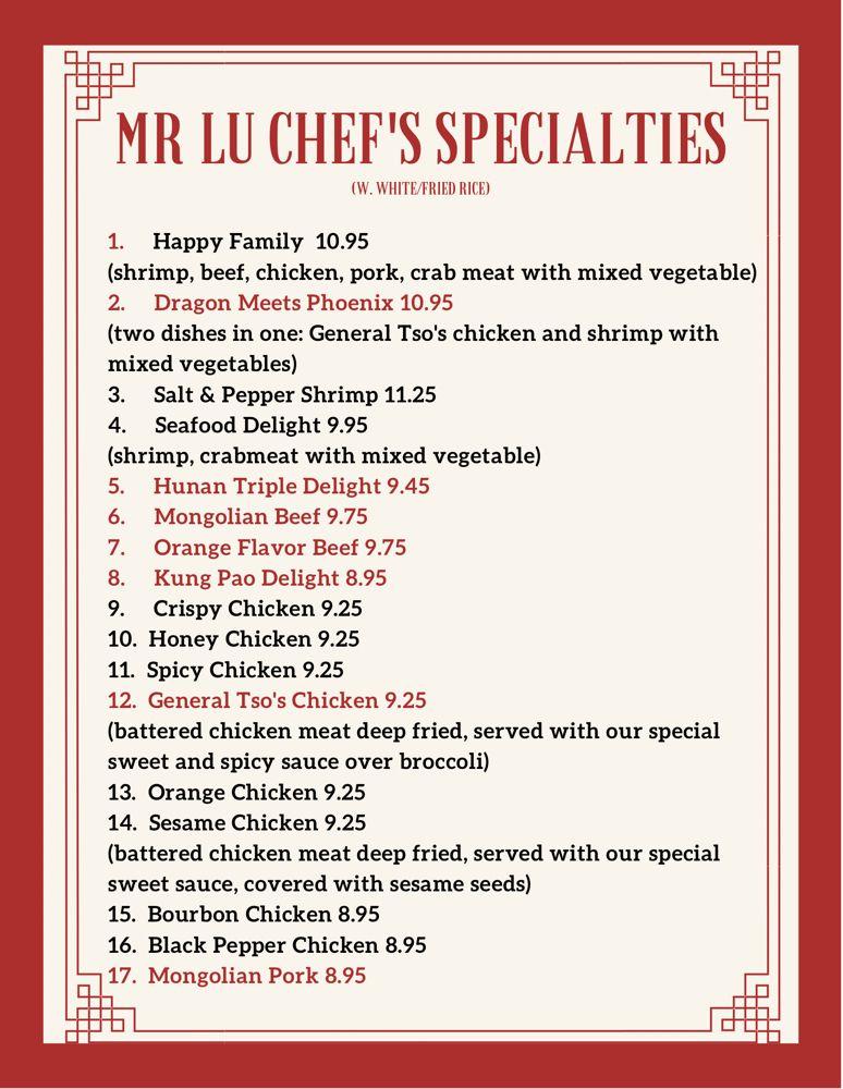 Menu at Mr Lu Chinese Buffet restaurant, Cushing