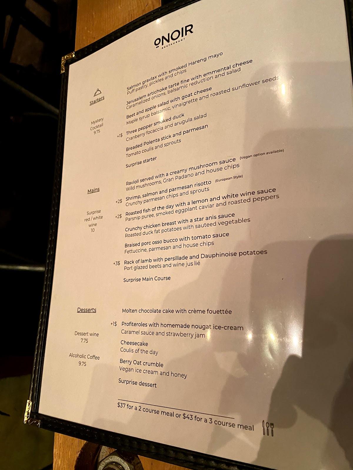 Menu at O.Noir pub & bar, Montréal