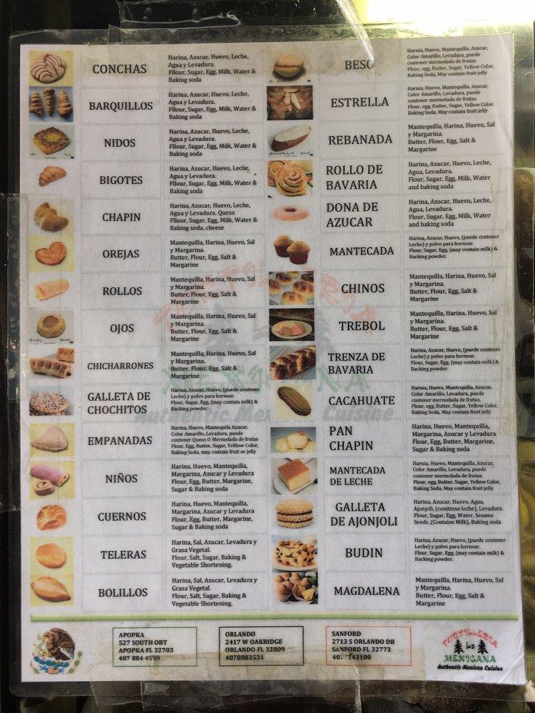 Menu at Panaderia La Mexican restaurant, Orlando