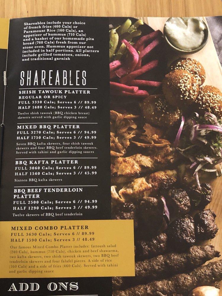 Menu at Paramount Fine Foods restaurant, Ottawa, 51 Marketplace Ave