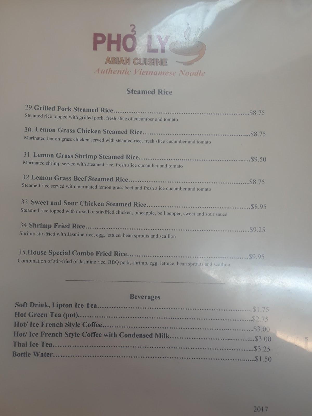 Menu at Pho Ly Asian Cuisine, Inc restaurant, Evergreen