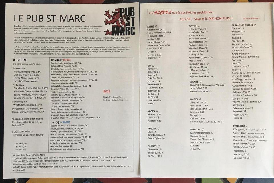 Menu at Pub St-Marc, Sept-Iles