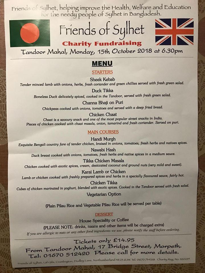 Menu at Tandoor Mahal Indian Restaurant, Morpeth