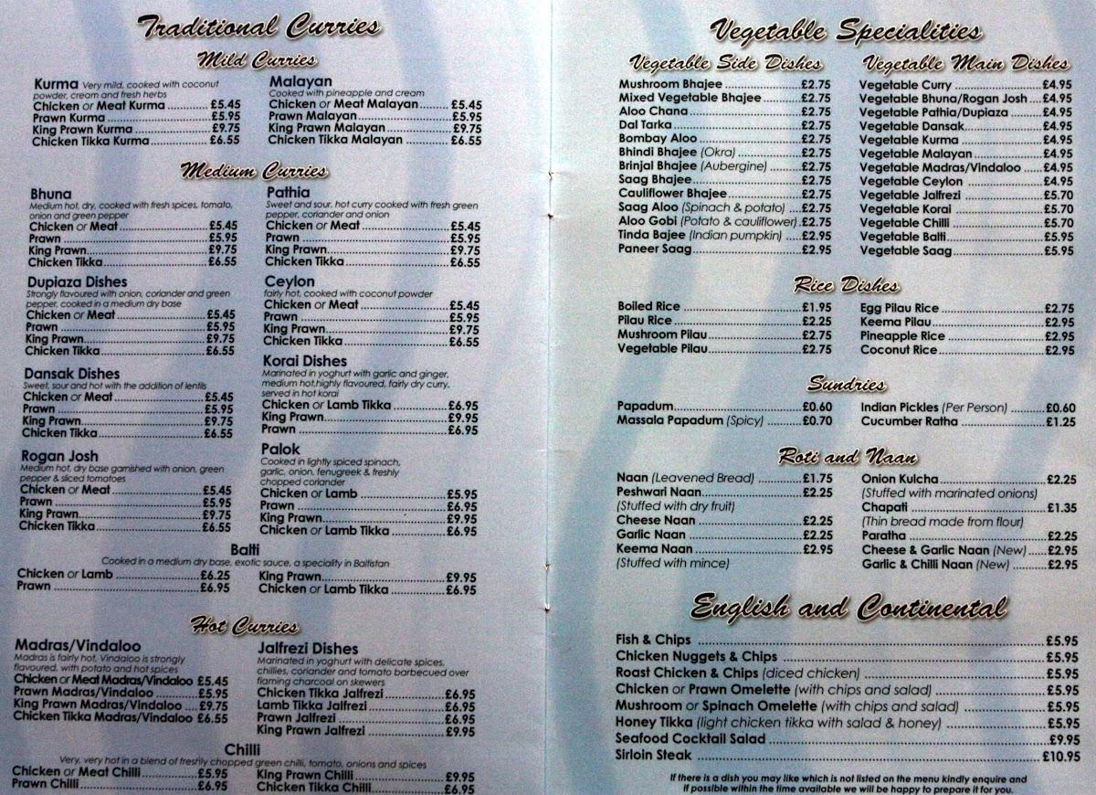 Menu at Bombay Nite restaurant, Great Yarmouth
