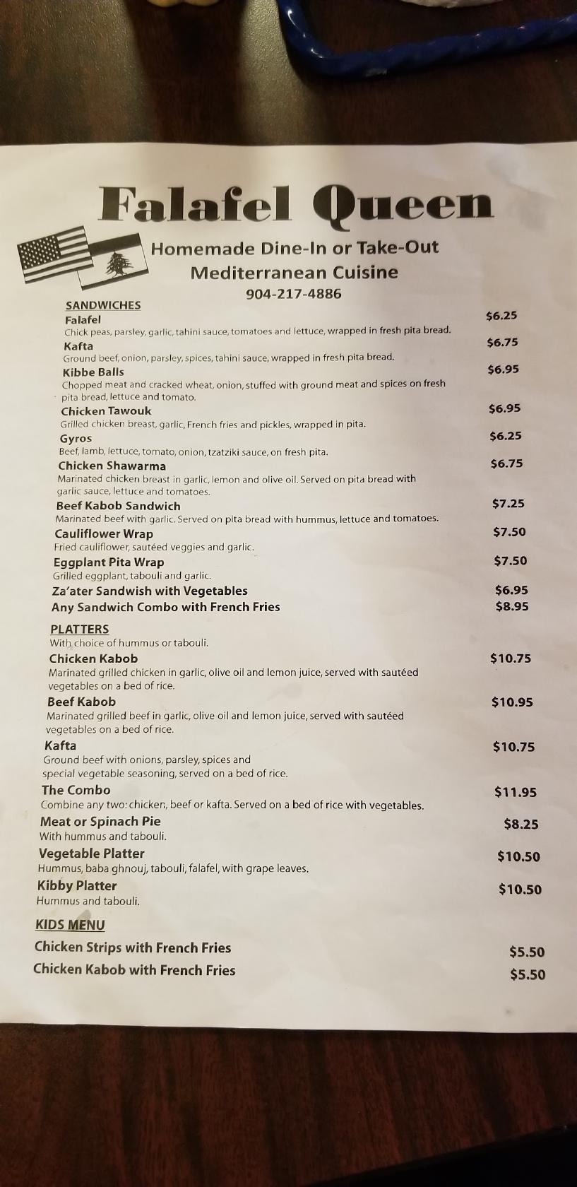 Menu at Falafel Queen restaurant, St. Augustine