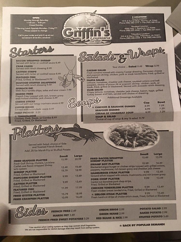 Menu at Griffin's Poboy and Grille restaurant, Houma
