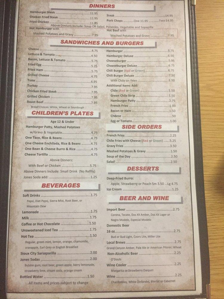 Menu at Joe & Aggie's Cafe, Holbrook
