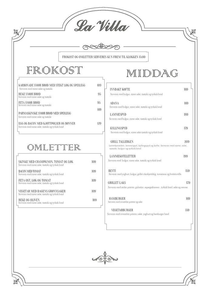 Menu at La Villa Restaurant, Oslo