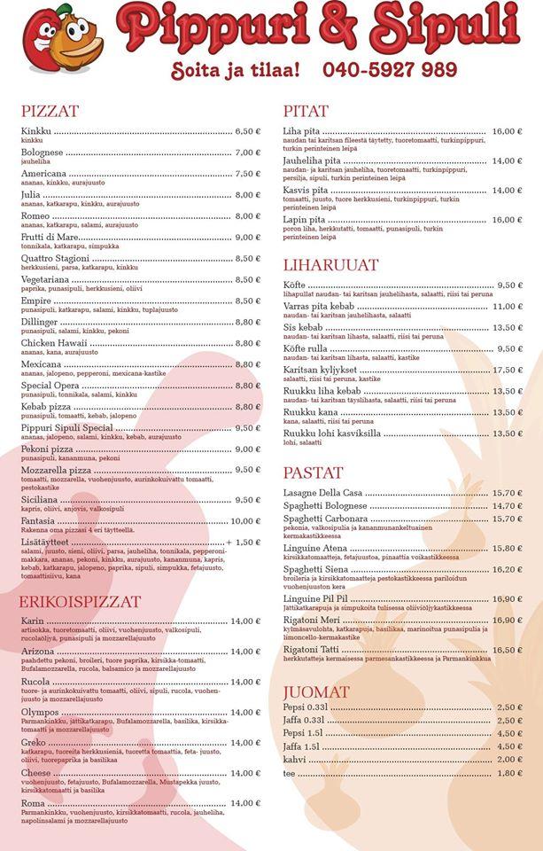 Carta del restaurante Pippuri & Sipuli, Kemi