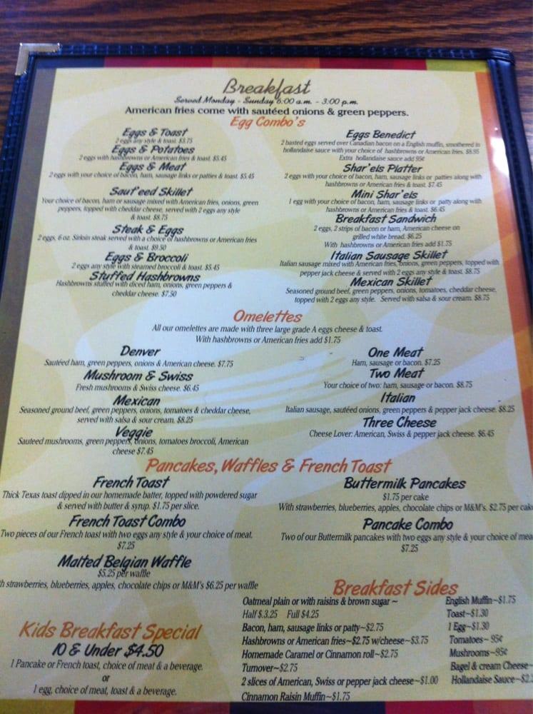 Menu at Shar'els Cafe, North Saint Paul