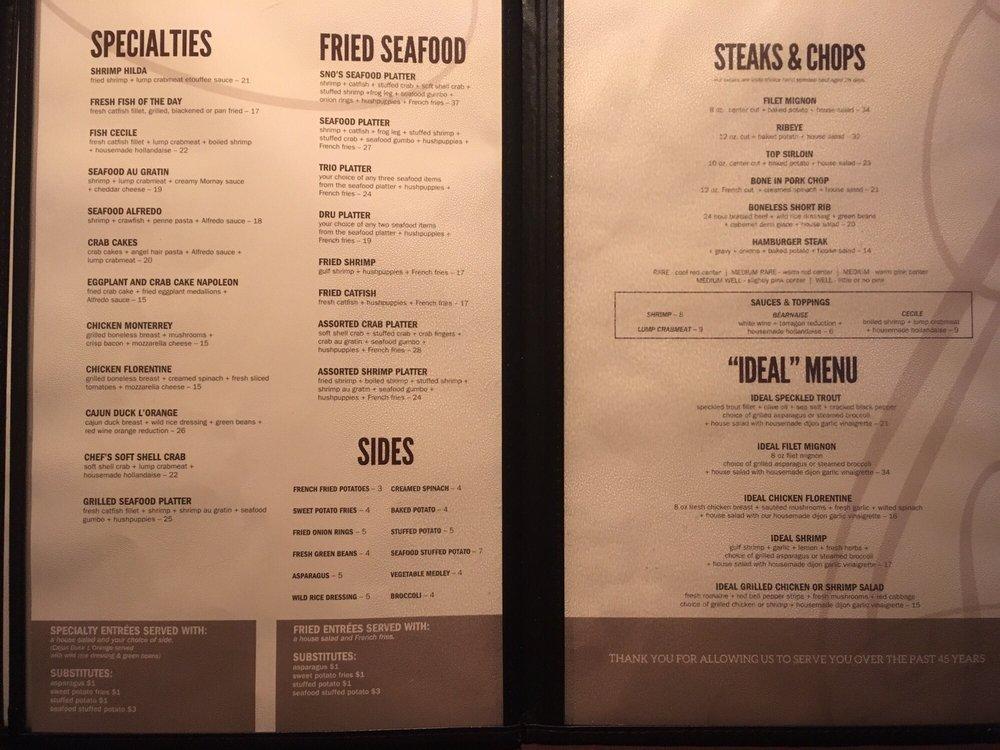 Menu at Sno's Seafood & Steak steakhouse, Gonzales