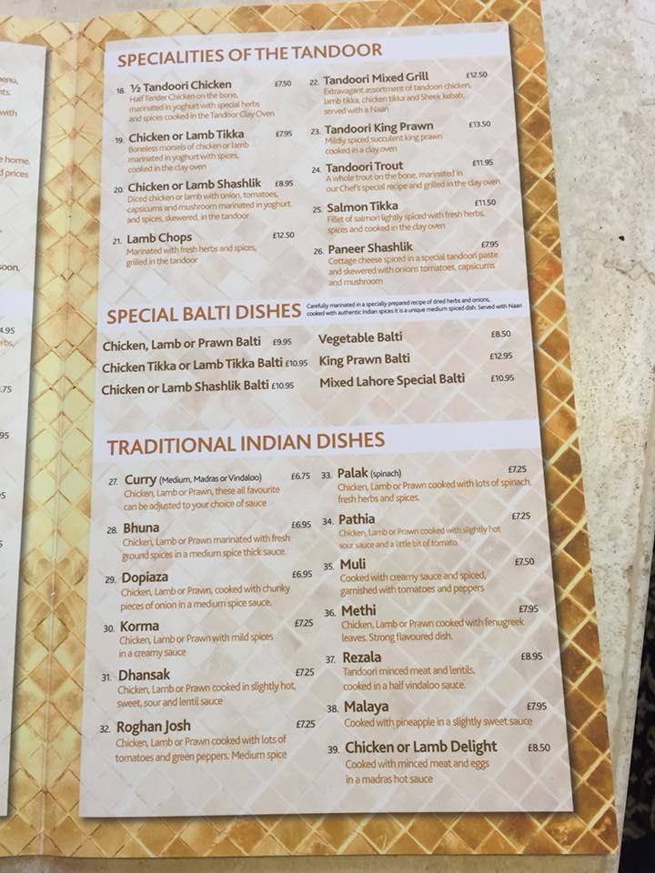 Menu at The Golden curry restaurant, The Mumbles