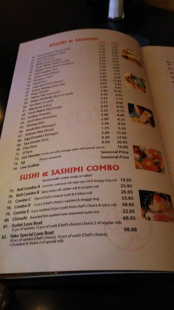 Menu at Yoko Japanese Kitchen restaurant, Cypress