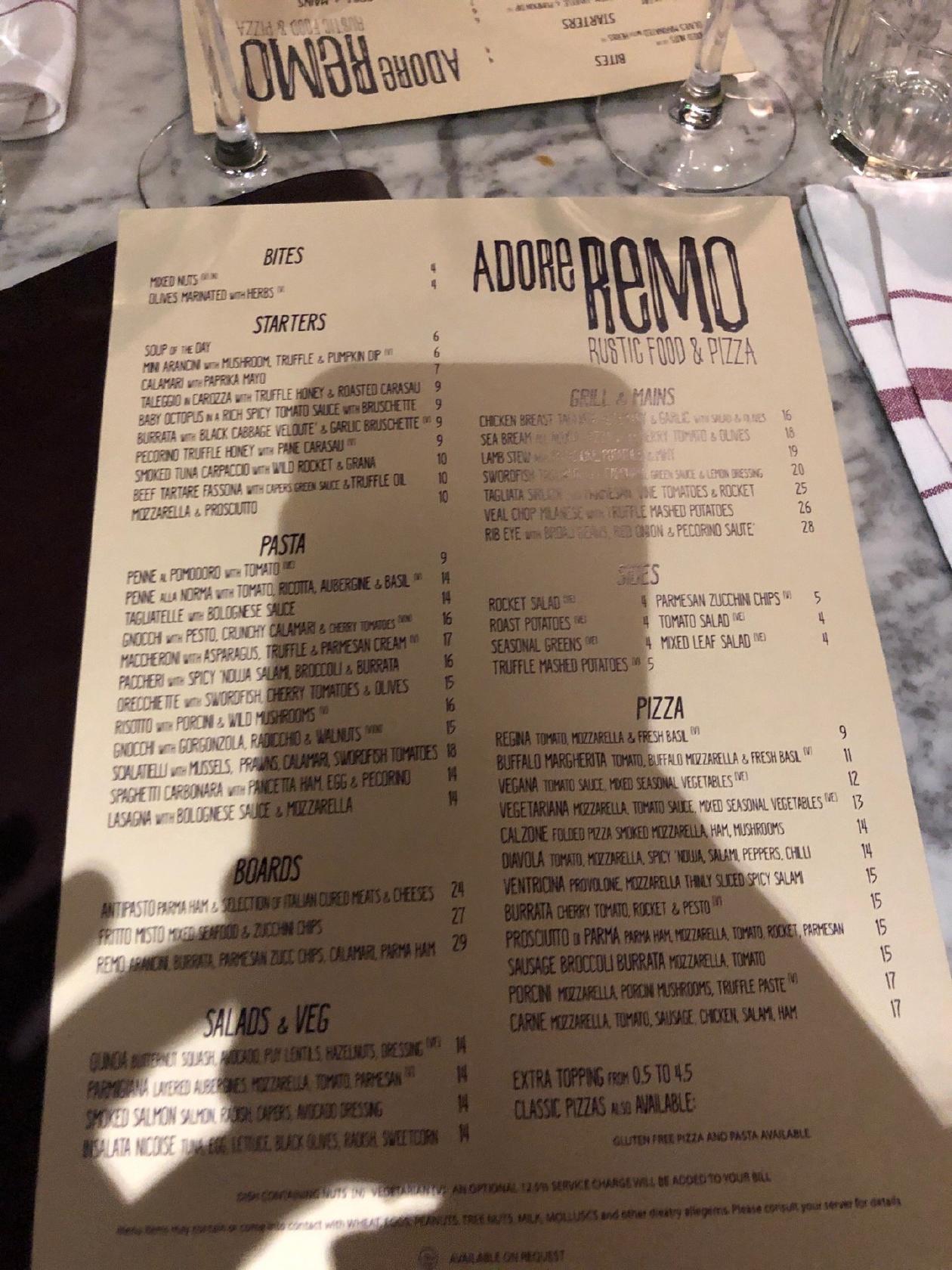 Menu at Adore REMO pizzeria, London