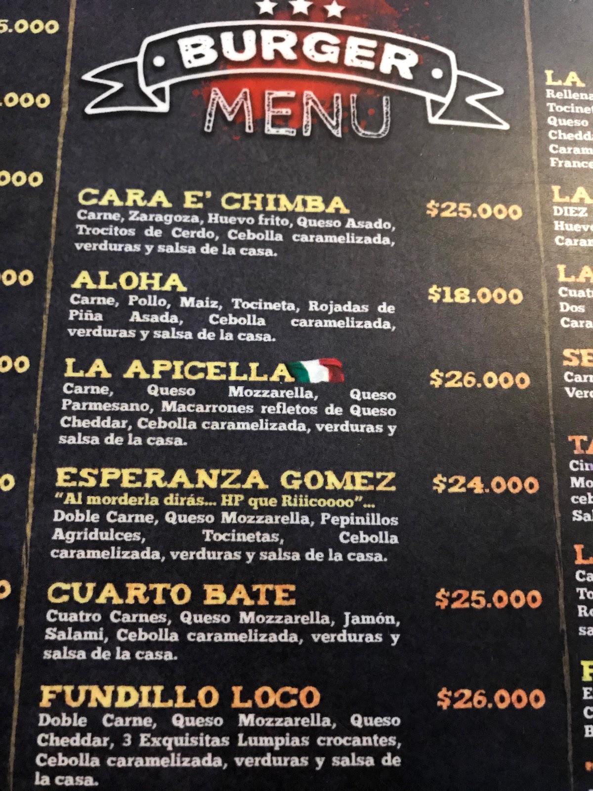 Menu at Central Burger's restaurant, Barranquilla