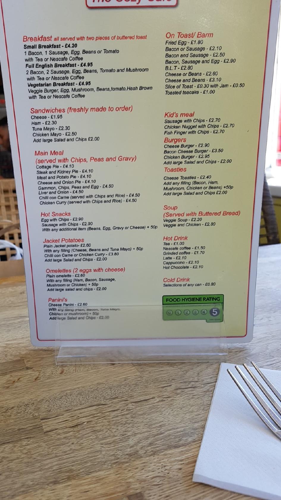 Menu at The Cozy Cafe, Stockport
