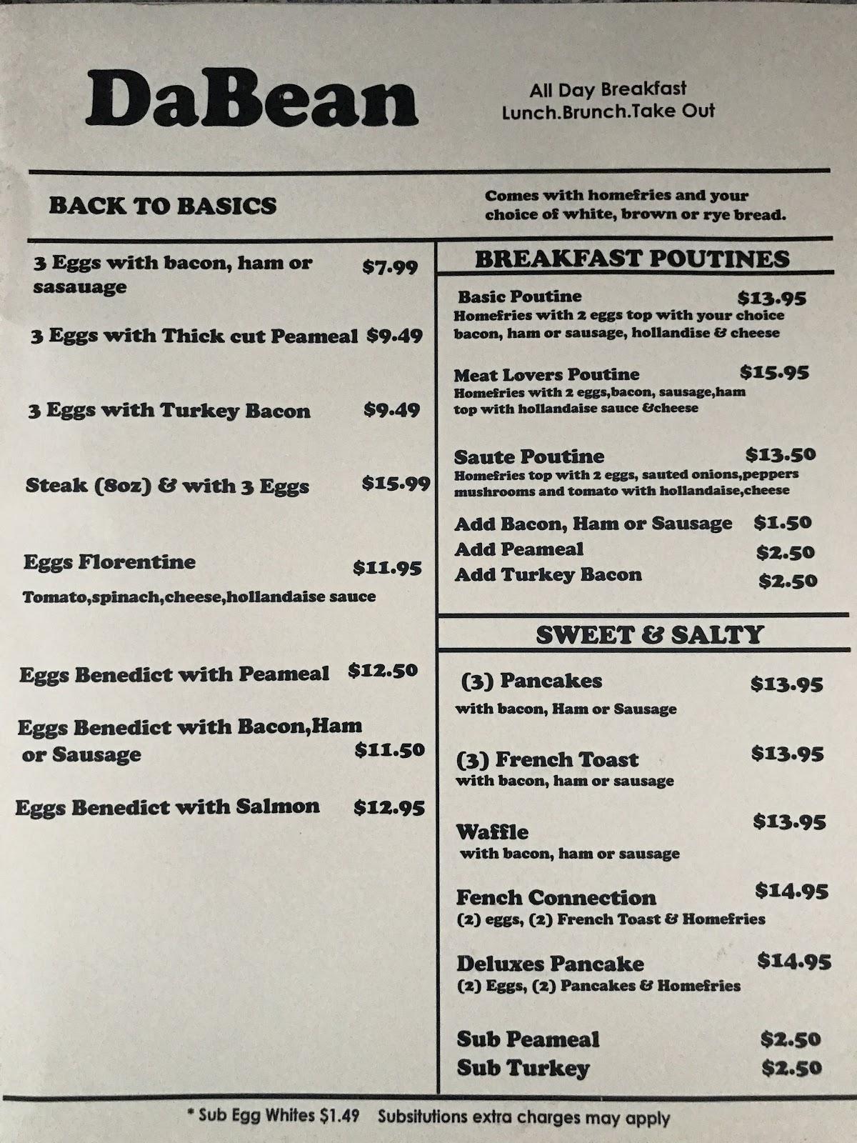 Menu at Da Bean Cafe & Grill, Caledon