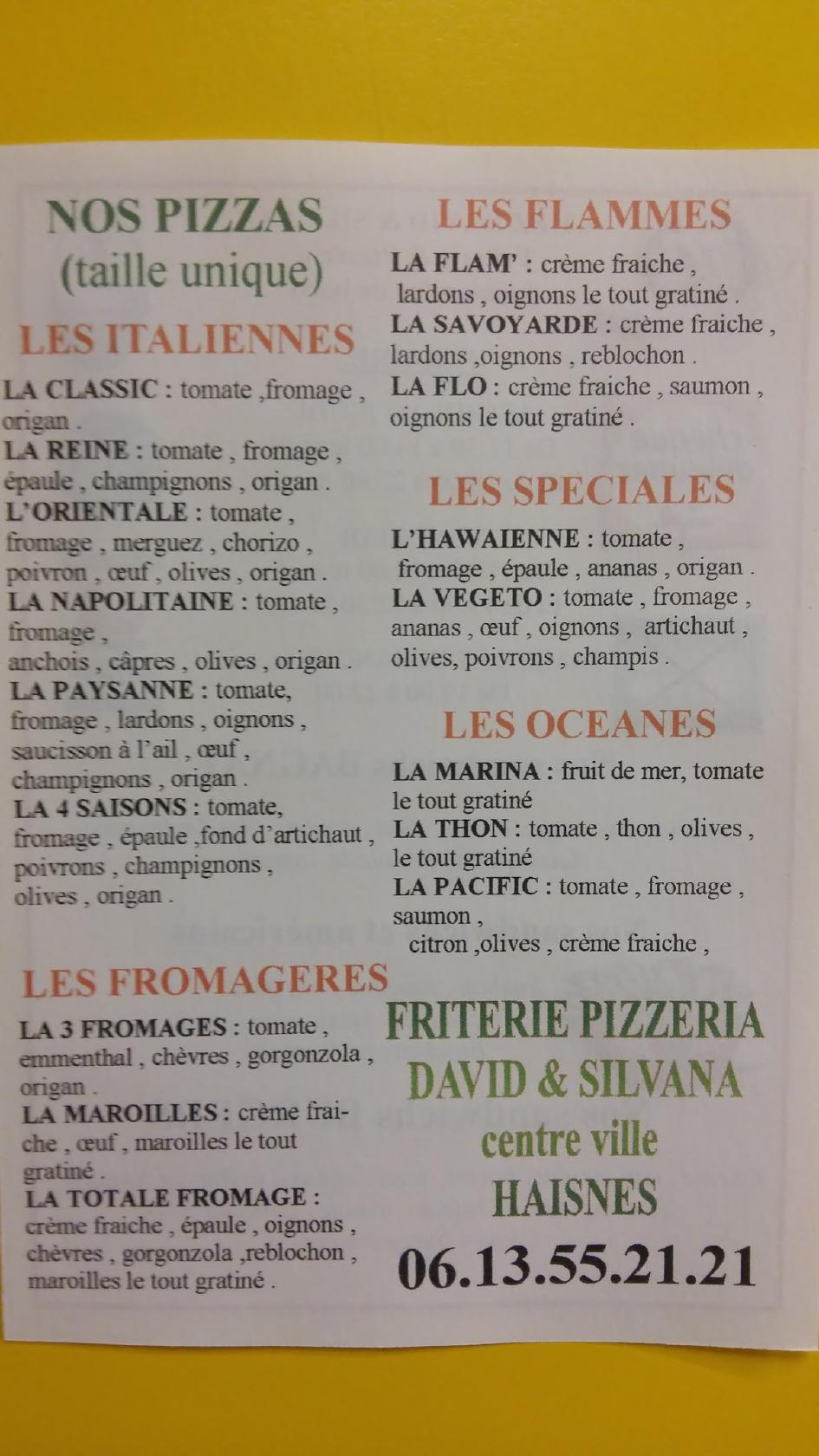 Menu au Friterie-Pizzeria "David & Silvana", Haisnes
