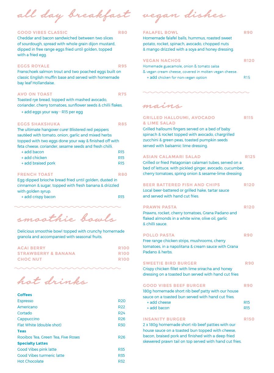 Speisekarte von Good Vibes Café & Bar Ballito, Ballito