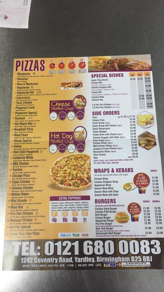 Carta de pizzería Hot Pan Pizza (New Management), Birmingham