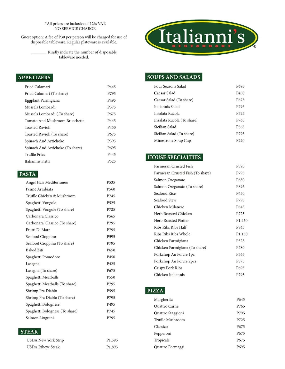 Menu at Italianni's restaurant, Makati, Level 1