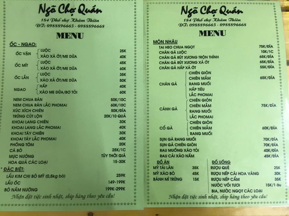 Menu at Ngõ Chợ Quán restaurant, Hanoi