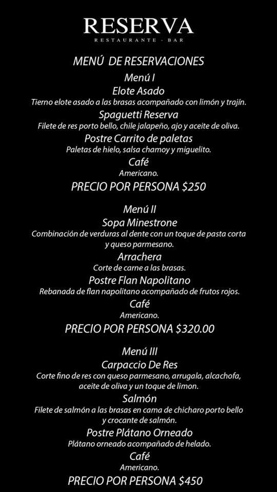 Menu at Reserva Restaurante - Bar, Huejutla de Reyes