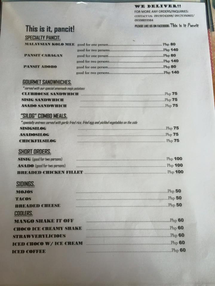 Menu at This is it Pancit restaurant, Bacoor