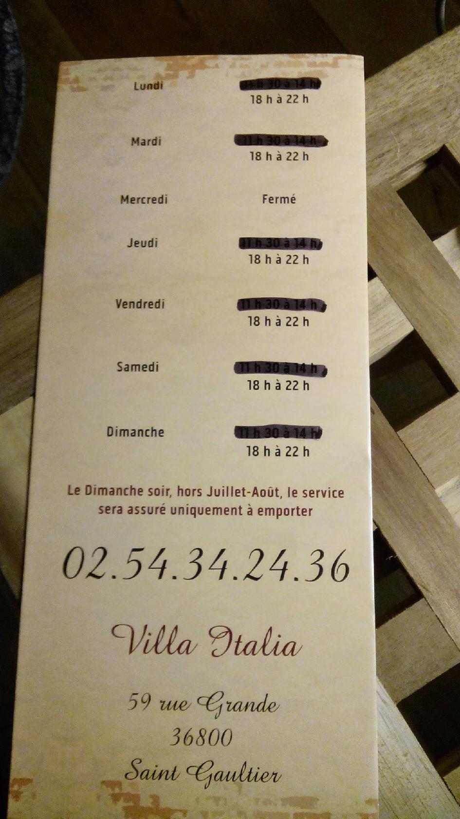 Menu at Villa Italia restaurant, Saint-Gaultier