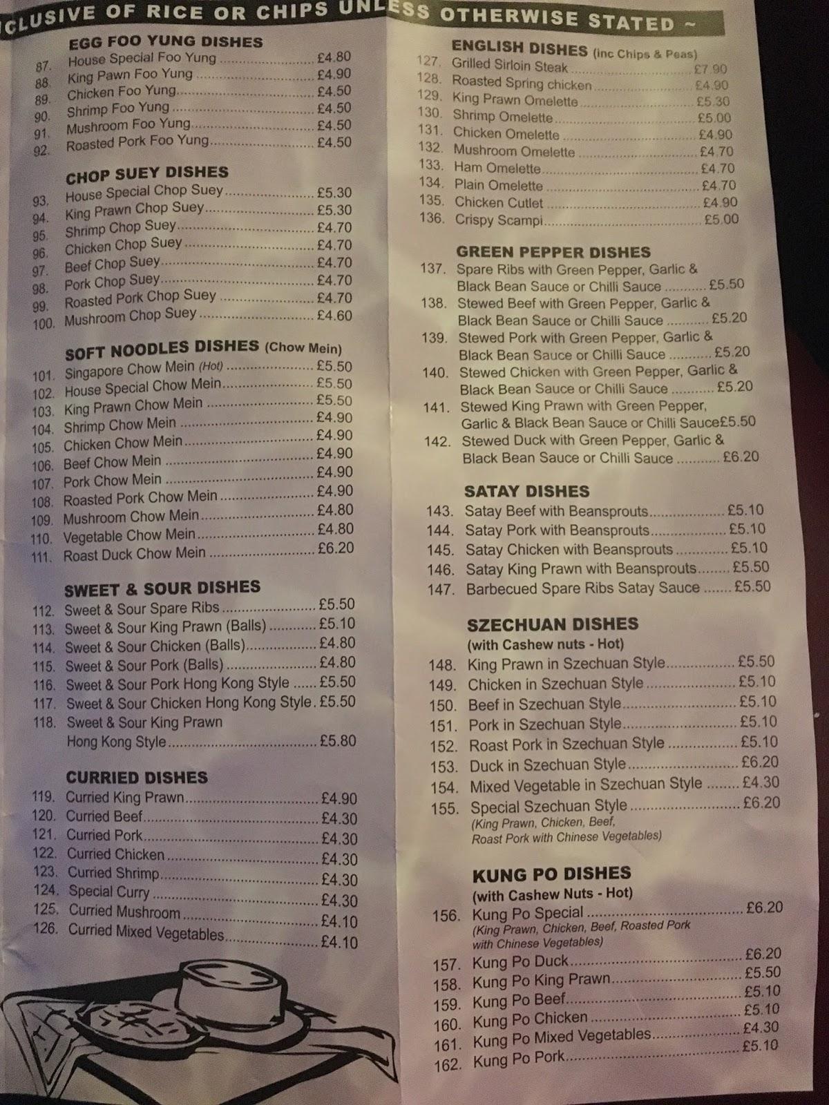 Menu at Yangtze River Chinese Take Away fast food, Peterborough, 84 West St