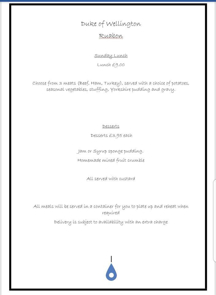 Menu at Duke Of Wellington pub & bar, Ruabon