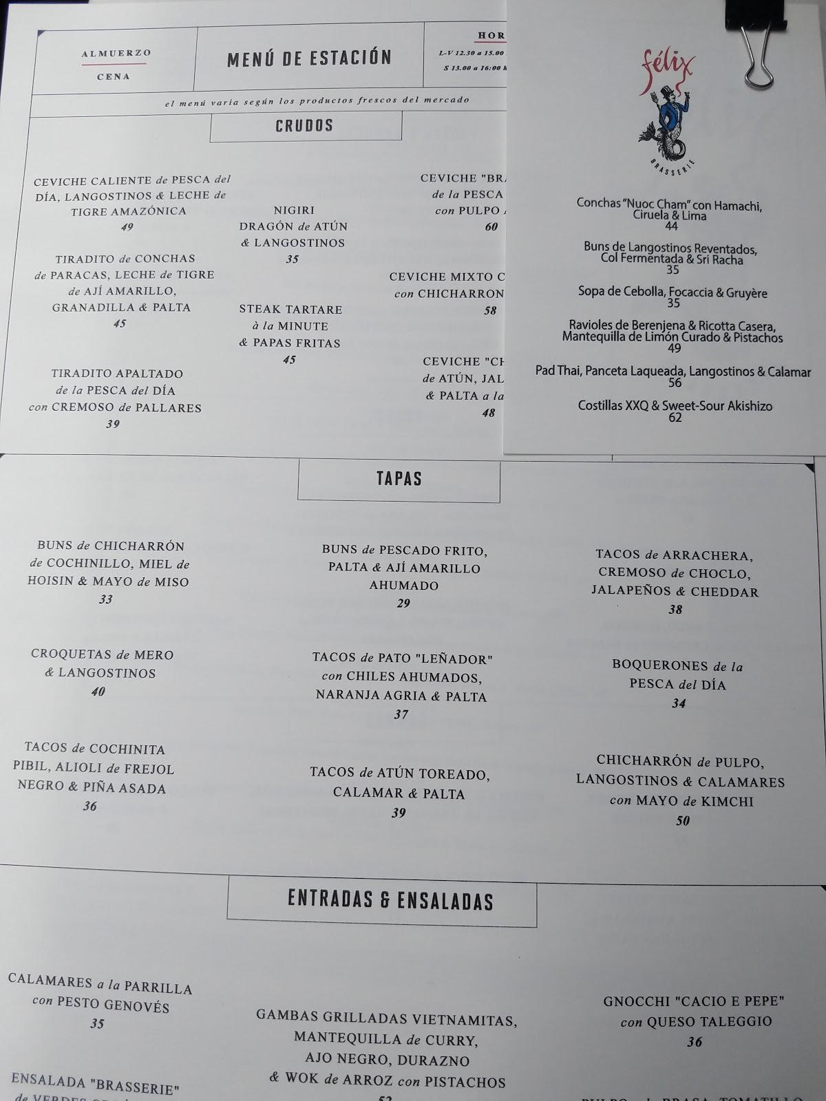 Menu at Felix Brasserie restaurant, Lima