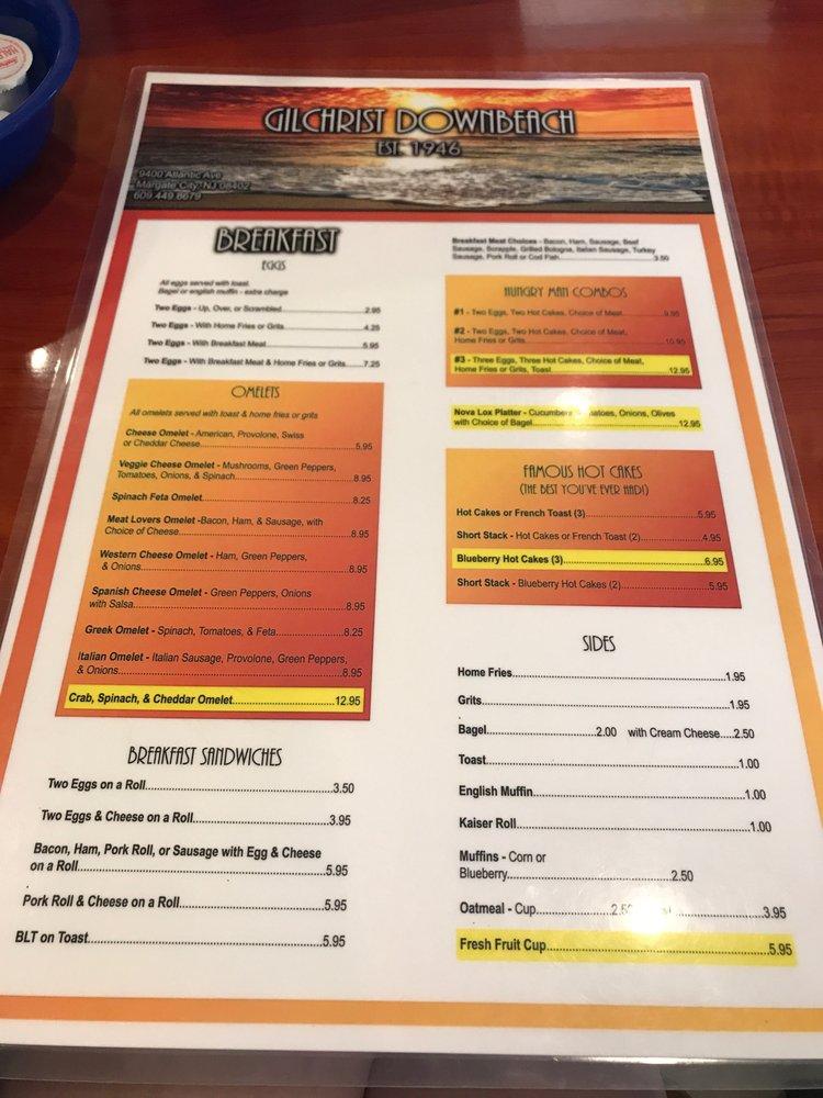 Menu at Gilchrist Downbeach Restaurant, Margate City
