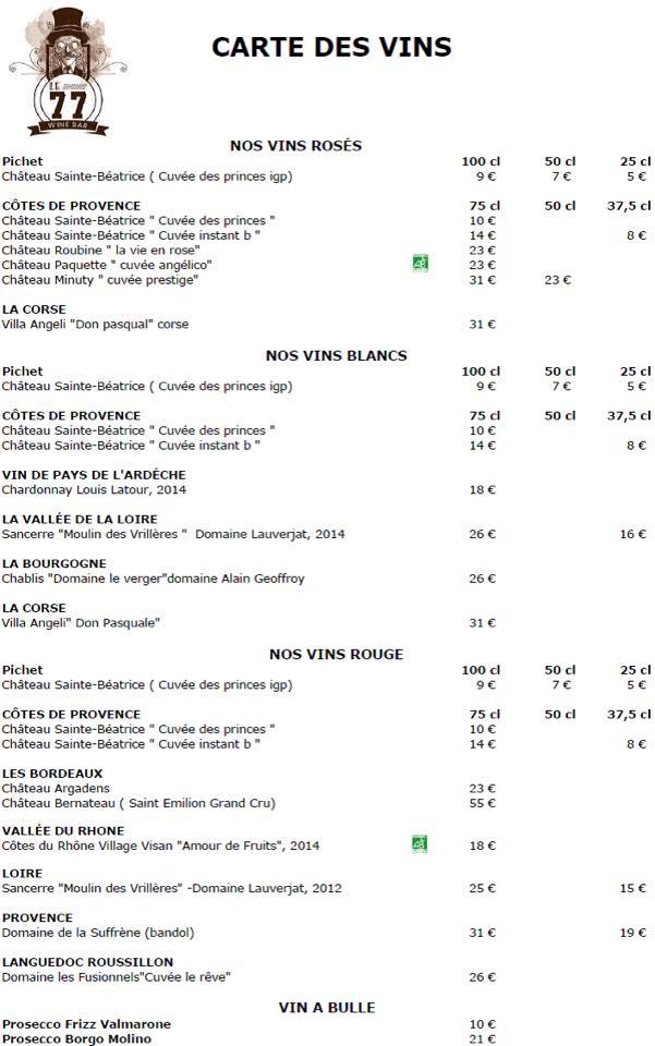 Menu da Le 77 pub & bar, Ventimiglia, Via HANBURY n°3D