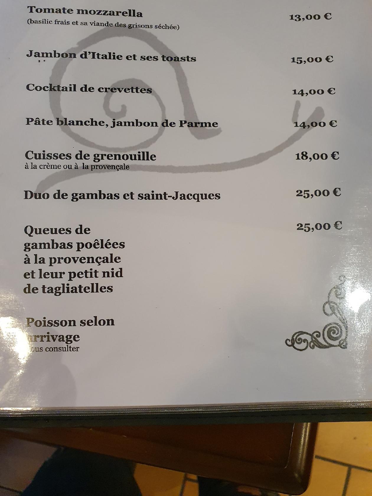 Menu at Le Rimini restaurant, Strasbourg