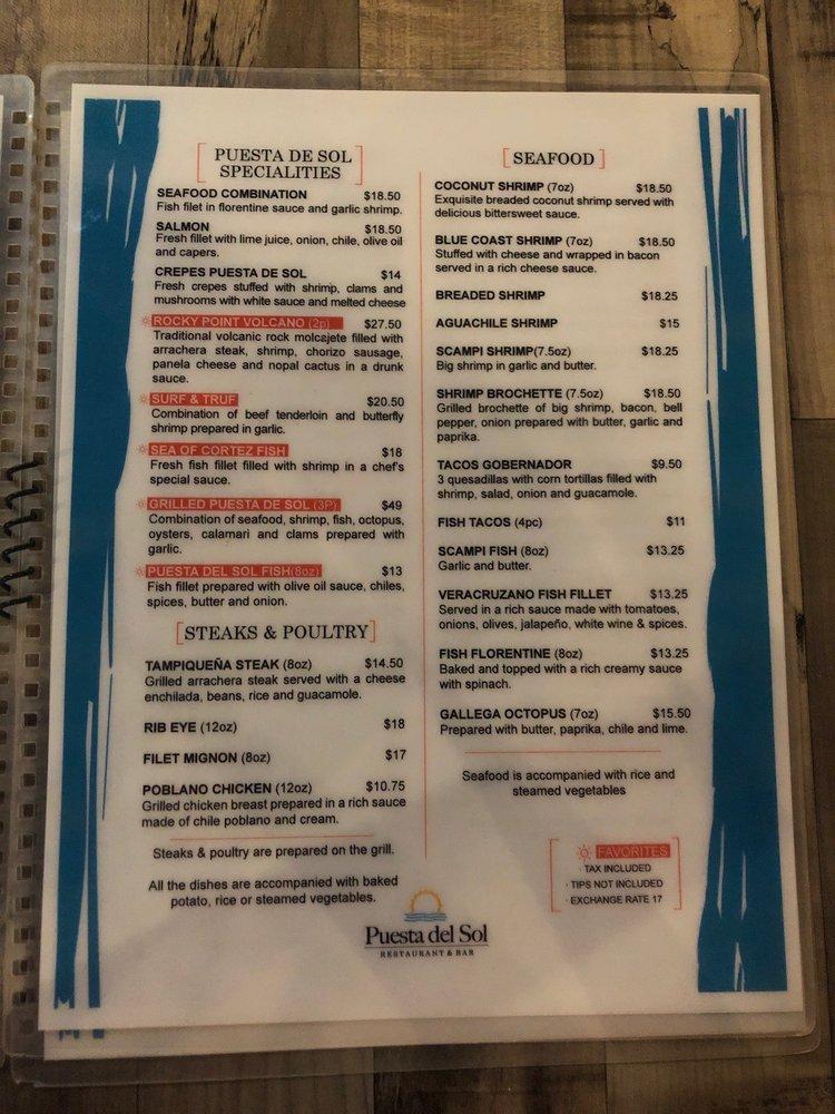 Menu at Puesta Del Sol restaurant, Puerto Peñasco, P.º Balboa 100