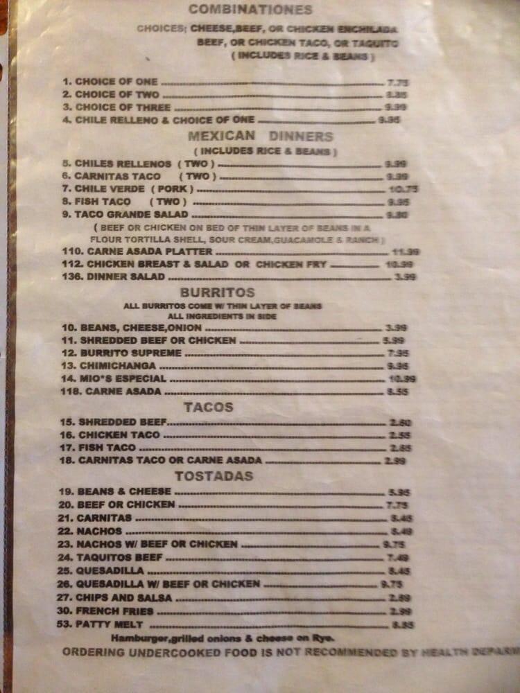 Menu at Taco Mio restaurant, Quartzsite