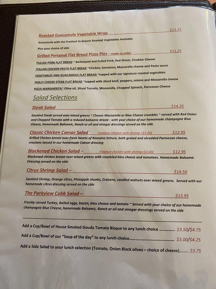 Menu at The Parkview cafe, Westfield
