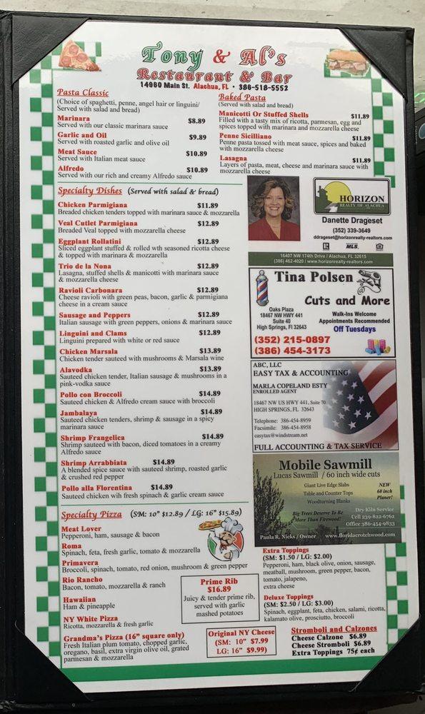 Menu at Tony and Al's Deli pizzeria, Alachua