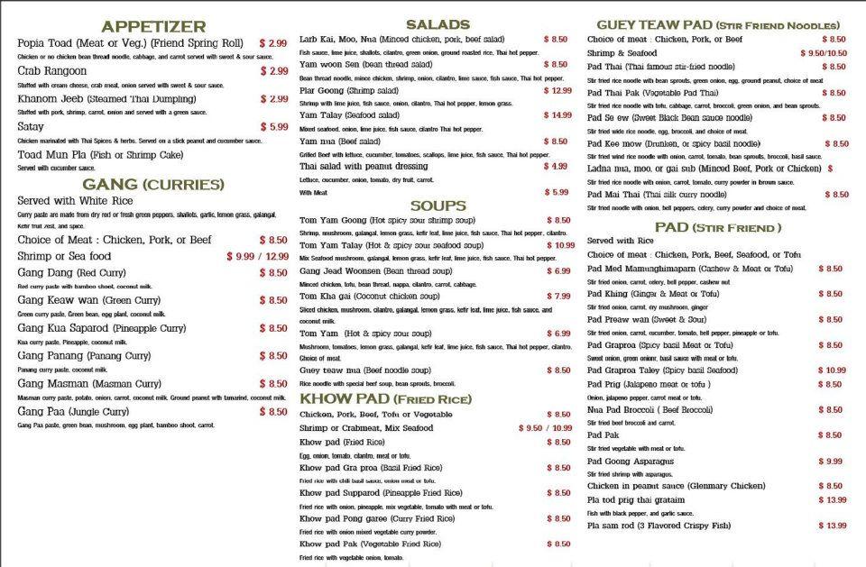 Menu at True Thai restaurant, Louisville