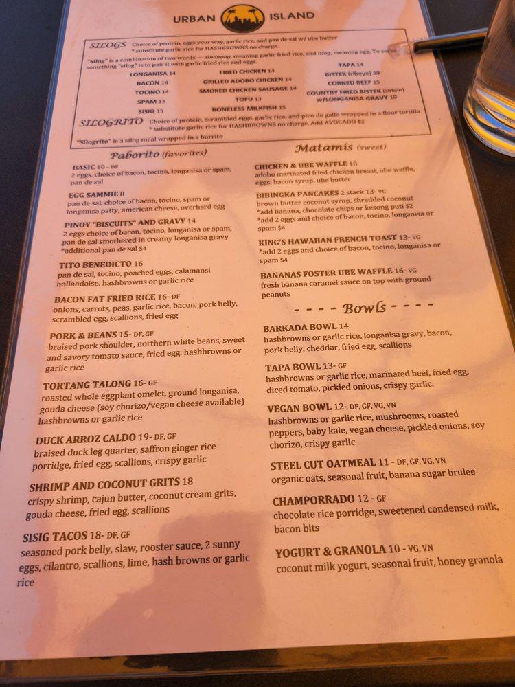Menu at Urban Island restaurant, Temecula