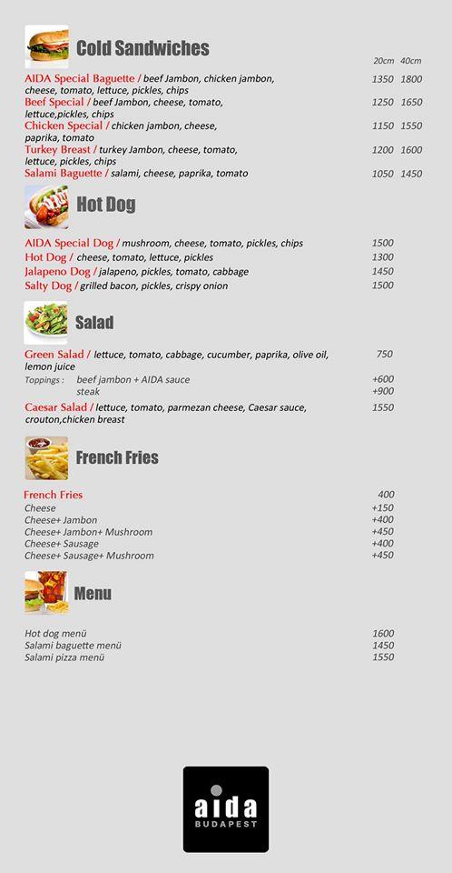 Menu at Aida Sandwich Bar, Budapest
