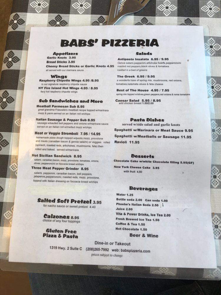 Menu at Babs’ Pizzeria, Sandpoint
