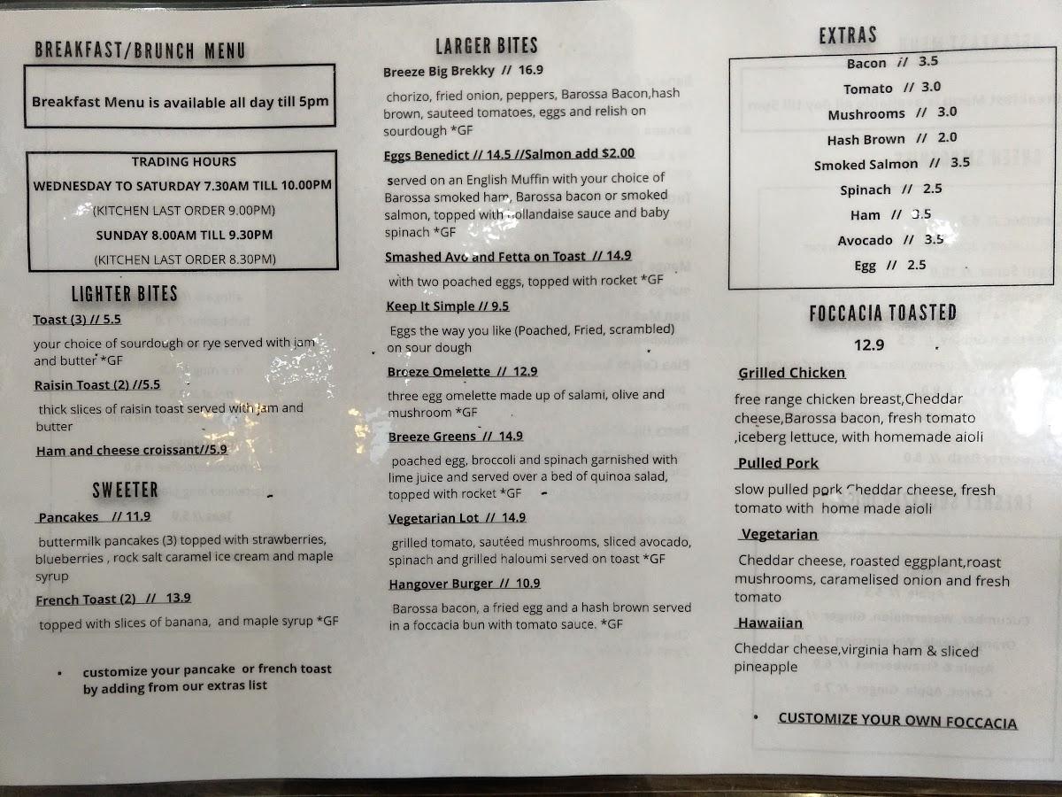 Menu at Breeze Cafe & Bar, Aldinga Beach