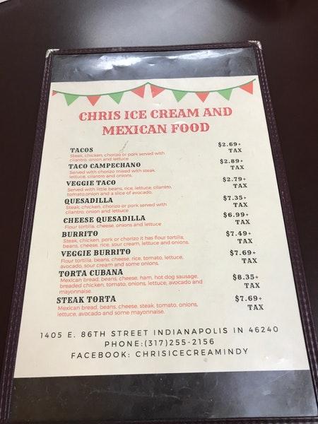 Menu at Chris' Ice Cream and Mexican Food restaurant, Indianapolis